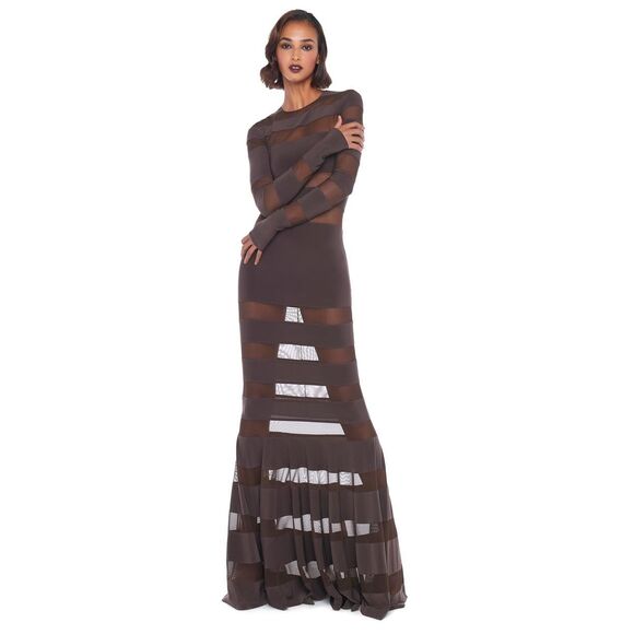 Norma Kamali | Dresses | Nwt Norma Kamali Long Sleeve Spliced Meshstriped Fishtail Gown ...